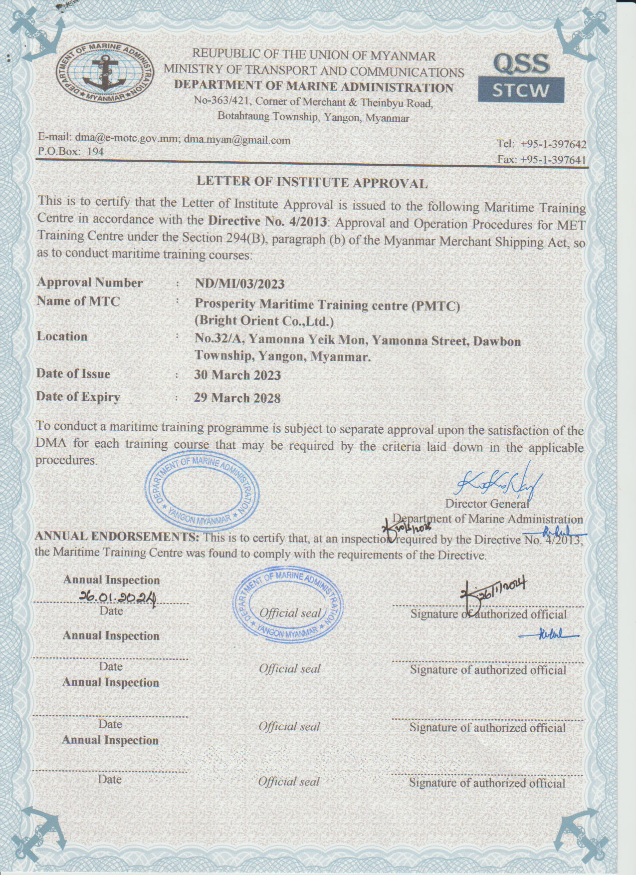 Institute Approval Letter - Orient Bright Yangon