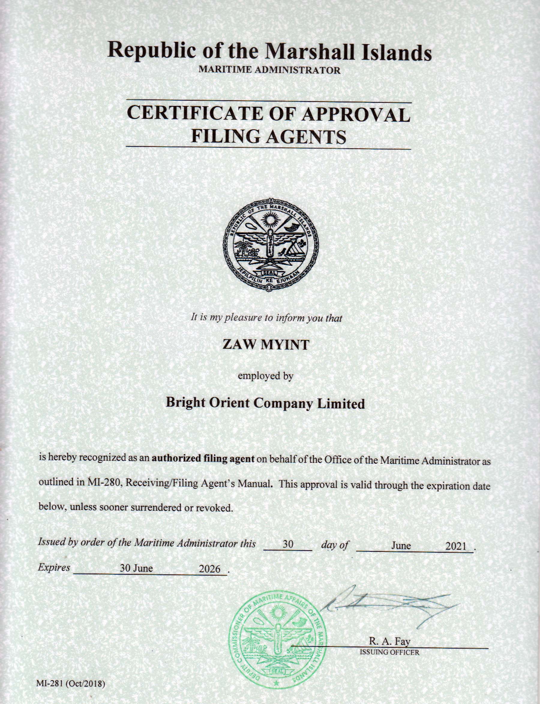Marshall Islands Certificate of Approval Filling Agents - Orient Bright ...