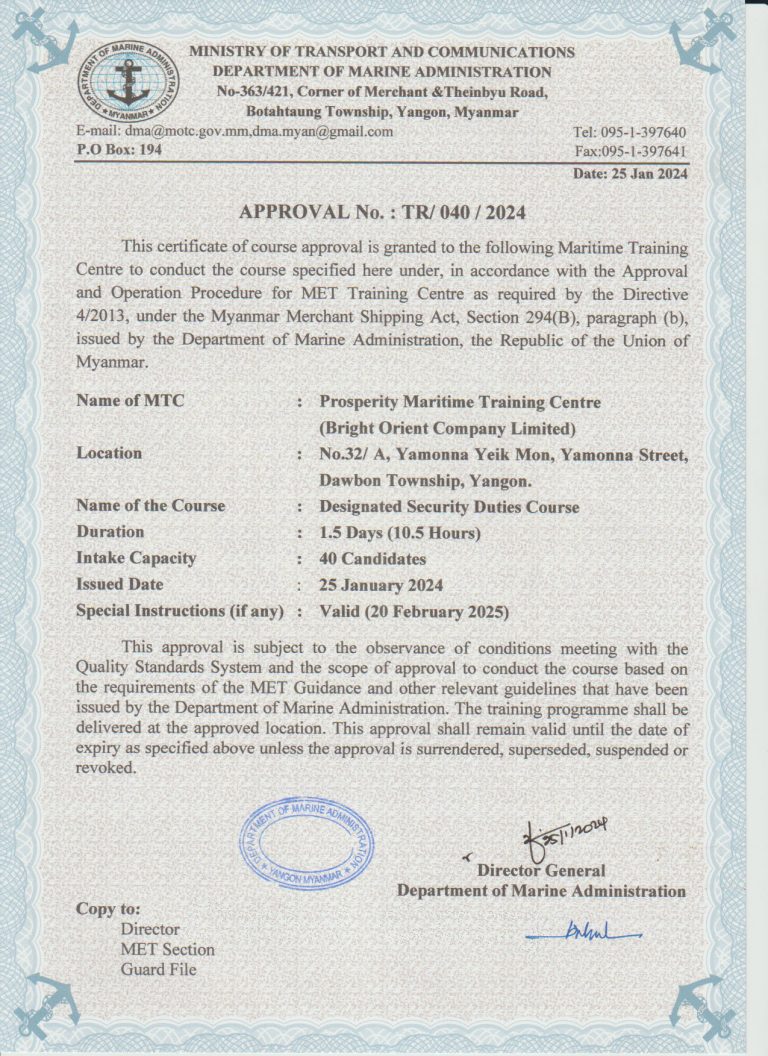 SEAFARERS WITH DESIGNATED SECURITY DUTIES - Orient Bright Yangon