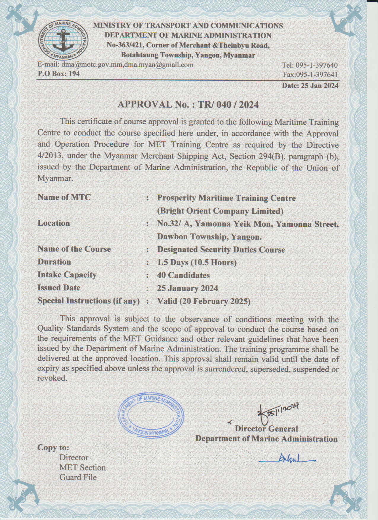 SEAFARERS WITH DESIGNATED SECURITY DUTIES - Orient Bright Yangon